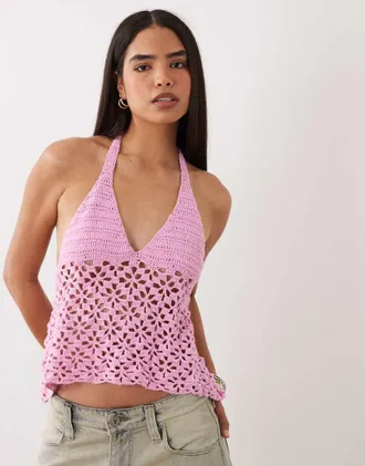 Kiwi & Co Top dos nu en maille crochet&eacute;e &agrave; la main motif fleuri - Rose