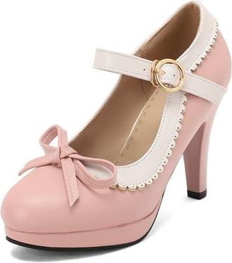 Generic Escarpins Mary Jane &agrave; bout rond pour femme avec noeud color&eacute; et boucle &agrave; talon &eacute;pais pour f&ecirc;te, rose, 40.5 EU