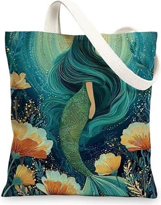 Generic Sacs fourre-tout artistiques en toile avec motif sirène, réutilisables, légers et lavables avec bandoulière pour salle de sport, extérieur, voyage, pl