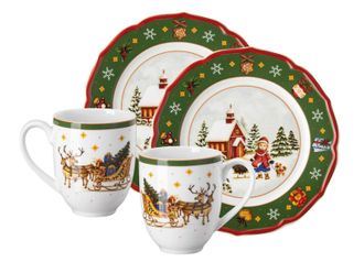 Hutschenreuther gr&uuml;nes Happy Wintertime Christmas Set, Porzellan, Weihnachtsdekoration, Mehrfarbig, 4-teiliges Set mit 2 Weihnachtstassen und 2 Tellern, mikrowellen- 