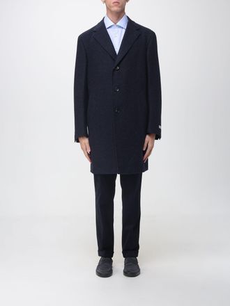 Canali Manteau droit en laine m&eacute;lang&eacute;e bleu marine avec revers classiques