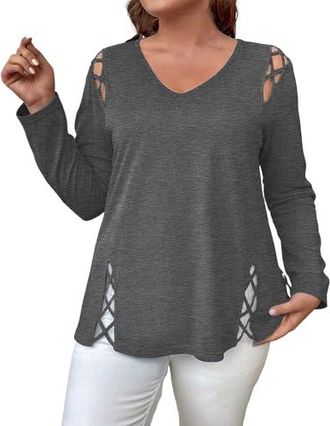 Generic Hauts grande taille pour femme, tunique longue, d&eacute;contract&eacute;e, style croix, couleur pure, coupe ample, col en V, chemisier de f&ecirc;te r&eacute;tro pour sortir, g