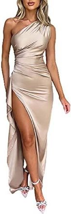 Generic 2026 Robes amincissantes une &eacute;paule fronc&eacute;e fendue robe sexy en satin europ&eacute;en et d&eacute;t&eacute; temp&eacute;rament mince couleur unie longue femme, beige, M