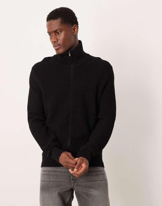 Mango Strukturierte Strickjacke aus 100% Baumwolle in Schwarz mit durchgehendem Rei&szlig;verschluss