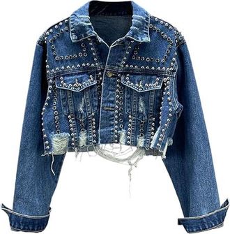 Generic Veste en jean clout&eacute;e &agrave; manches longues pour femme avec d&eacute;tails rivets, style d&eacute;contract&eacute; d&eacute;lav&eacute;, bleu, XL