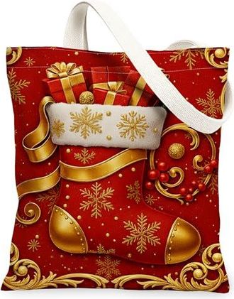 Generic Sacs fourre-tout en toile motif flocon de neige de No&euml;l, sacs d&eacute;picerie r&eacute;utilisables, vintage l&eacute;gers et lavables avec bandouli&egrave;re, Rouge, 13x15 Inch