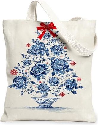 Generic Sac fourre-tout en toile motif floral de No&euml;l, sac d&eacute;picerie r&eacute;utilisable, vintage, artistique, l&eacute;ger, lavable, bleu, 13x15 Inch