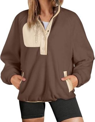 Generic Vestes pour femmes 2026 pour femmes, veste polaire pelucheuse surdimensionn&eacute;e, bloc de couleur, boutons, pull &agrave; manches longues, sweatshirts hauts, ca