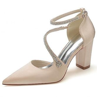 Generic Femme Bout Pointu Block Talon Satin Chaussures De Mari&eacute;e De Mariage Femme Escarpins Robe F&ecirc;te Chaussure A Talon 8.5Cm,Champagne,38 EU