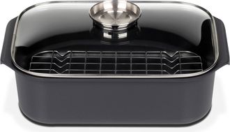 GSW Rechteckbräter Gourmet mit Aroma-Glasdeckel und Grilleinsatz, Aluguss, Induktionsfähig, Schwarz, ø ca. 40 x 26 x H 11cm