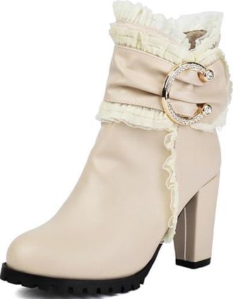 SJJH Bottines &agrave; talon de 8,5 cm - Bottes tendance pour femme - Plateforme de 1 cm - Bout rond - Confortables, beige, 45 EU