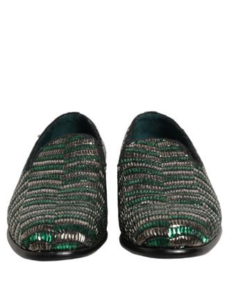 Dolce & Gabbana Mens Silver Green Embellished Dress Loafers Shoes Leather