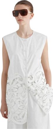 Meimeij Femme, Blouses et Chemises, Blanc, Taille: 40 FR Camicia lunga smanicata bordo orlo ricamato