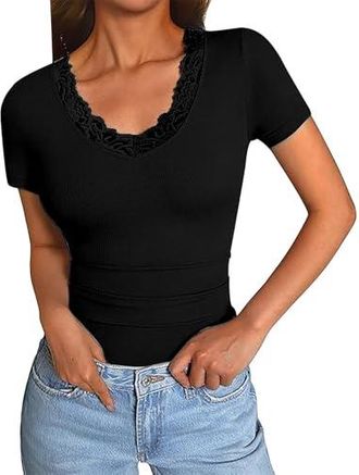 Generic T-shirt ajust&eacute; &agrave; manches courtes et col en V avec bordure en dentelle pour femme | T-shirt doux et extensible pour un usage quotidien en &eacute;t&eacute;, Noir, XX