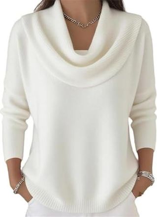 Generic &Eacute;l&eacute;gant r&eacute;tro doux col triangle couleur unie pull haut confortable &agrave; manches longues pull en tricot cowl femmes hauts dhiver tricot&eacute;s d&eacute;contract&eacute;s, bl