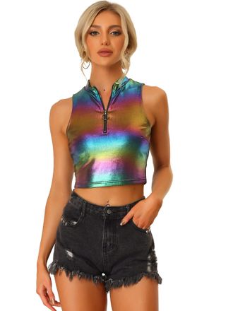 Allegra K Damen Tanktop &Auml;rmellos Rei&szlig;verschluss Metallic Oberteil Party Holographic Crop Top Bluse Mehrfarbiges Schwarz M