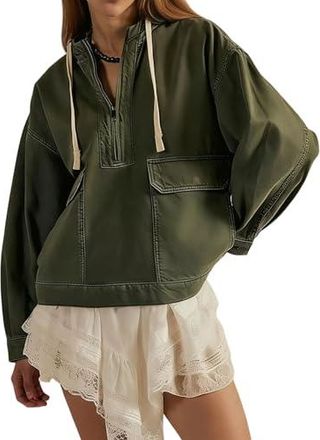 Generic Pull en jean surdimensionn&eacute; pour femme avec demi-fermeture &eacute;clair et poches - V&ecirc;tement dext&eacute;rieur d&eacute;contract&eacute;, vert militaire, XL