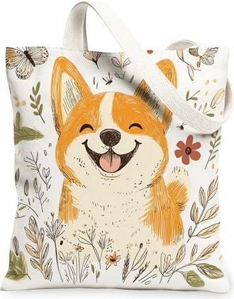 Generic Spring Corgi Sac fourre-tout en toile pour le shopping 33 x 38 cm, sac d&eacute;picerie r&eacute;utilisable pour femme, peinture danimaux domestiques, d&eacute;coration ca