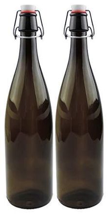 mikken Art Lot de 2 bouteilles en verre marron 1 l avec bouchon mécanique en porcelaine avec étiquettes