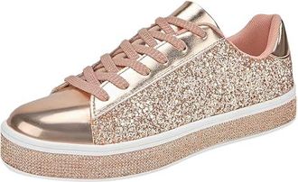 Rismart Femmes Platform Baskets Chaussures Paillettes Scintillantes Strass Casual Lace-up Marche Sneakers Or, 39 EU