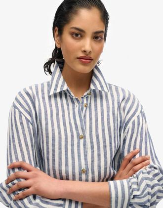 Superdry Chemise casual coupe masculine en lin &agrave; bandes - Bleu