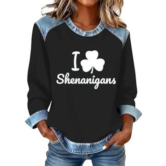 Generic HUIFUAO Get Luck Yourself Sweat-shirt en jean pour femme Motif tr&egrave;fle amusant gaufr&eacute; Jean Surpiq&ucirc;re Tops Irlandais St Paddys Day Costumes Tr&egrave;fle Vert 