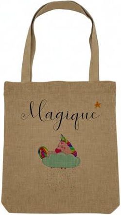 Fabulous Sac Shopping Tote Bag Aspect Lin - Magique avec Licorne Rose et Arc-en-ciel Dormant sur Petit Nuage de Pluie - Sac de Courses Toile Epaisse 360g Beige