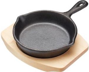 Artesà Mini-Bratpfanne mit Servierbrett aus Ahornholz, Gusseisenpfanne mit Griff 16 x 11,5 x 2,5cm, Brett 13,5 x 10,5 x 1,5cm, 1 Set, Schwarz / Beige