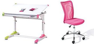 Inter Link SAS Sch&uuml;lerschreibtisch Kinderschreibtisch MDF Weiss 100 x 69-84 x 66 cm & Kinderdrehstuhl B&uuml;rostuhl Jugenddrehstuhl Schreibtischstuhl Metall Bezug Mesh P