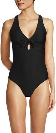 Lands End Gerippter Badeanzug mit Schnürung am Rücken, hohes Bein, Damen, Größe:42 regular, Schwarz, Elasthan/Nylon-Mischung, by Lands End