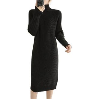 Generic Robe en tricot &agrave; col haut pour femme - Robe mi-longue avec bas int&eacute;rieur de grande taille, Noir, S