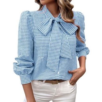 Generic Chemisier &agrave; carreaux &agrave; col en V pour femme - Haut &agrave; manches longues - Haut baggy - Haut d&eacute;contract&eacute; - Chemises vierges pour projets en vinyle, bleu, X