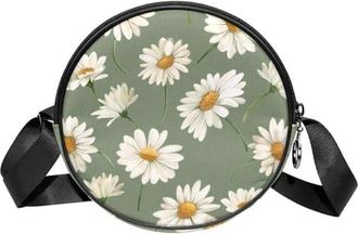Generic Petit sac &agrave; bandouli&egrave;re circulaire pour femme, marguerites, sac &agrave; bandouli&egrave;re avec fermeture &eacute;clair, bretelles r&eacute;glables, sac &agrave; main rond d&eacute;contract&eacute; 