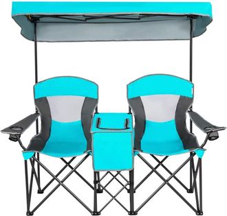 Costway 2-Sitzer Campingstuhl mit Sonnenschutz, Mini-Tisch, Kühltasche & Getränkehalter, klappbarer Angelstuhl mit Tragetasche, Faltstuhl, Klappstuhl