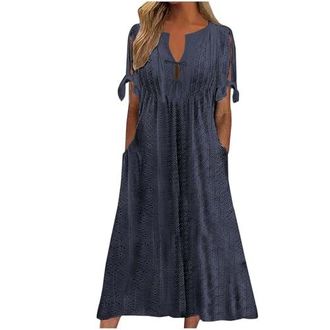 Generic Robe unie pour femme, tendance, d&eacute;contract&eacute;e, col en V, manches courtes, moulante, &eacute;l&eacute;gante, Marine, 3XL