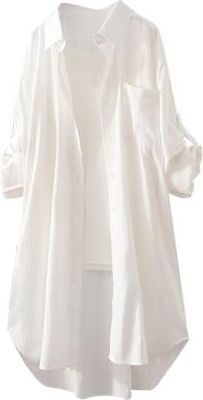 Generic Haut en coton et lin pour femme, coupe ample, chemise d&eacute;contract&eacute;e boutonn&eacute;e &agrave; manches longues, t-shirt surdimensionn&eacute;, chemisier tendance Y2K avec po