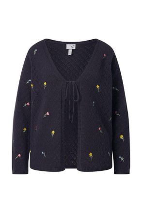 Ulla Popken Strickjacke Strickjacke Stickbl&uuml;ten V-Ausschnitt Langarm