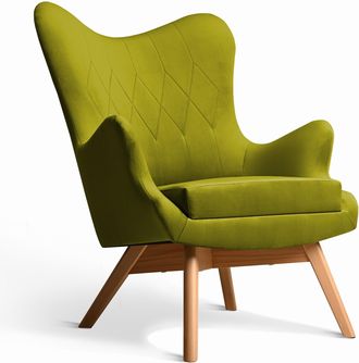 MG Design Ohrensessel aus Samt in Olivgr&uuml;n - Bequemer Polstersessel mit Holzbeinen, hoher R&uuml;ckenlehne & weichem Samtbezug f&uuml;r Wohnzimmer oder Schlafzimme