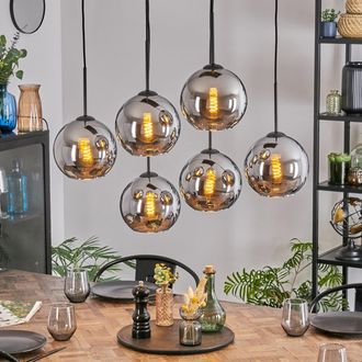 HOFSTEIN H&auml;ngeleuchte Koyoto, 6-flammige H&auml;ngelampe aus Metall/Glas in Schwarz/Chrom/Rauch, moderne Pendelleuchte im Retro/Vintage-Design (Schirme 20 cm), E27,