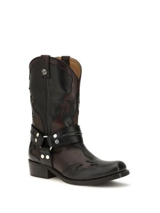 Versace Womens Sylvester Leather Cowboy Boots Black + Bordeaux Palladium