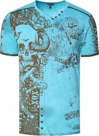 Rusty Neal Herren T-Shirt All Over Skull X Snake X Rose Print Wildleder-Band Knopf-Verzierung V-Neck Stretch Streetwear Used-Look Shirt 293, Farbe:T&uuml;rkis, Gr&ouml;&szlig;e 