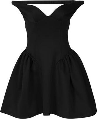 Generic 2026 Robe amincissante d&eacute;t&eacute; &eacute;paules d&eacute;nud&eacute;es dos nu mini robe trap&egrave;ze &agrave; volants fluide coupe ajust&eacute;e courte moulante formelle, Noir, L