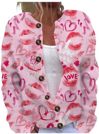 Generic Vestes pour femmes 2026 Veste cardigan imprim&eacute;e Saint-Valentin, rose, 3XL