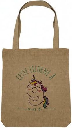 Fabulous Sac Shopping Tote Bag Aspect Lin - Cette Licorne &Agrave; 9 Ans Anniversaire Celebration Enfant Cadeau - Sac de Courses Toile Epaisse 360g Beige Naturel Caba