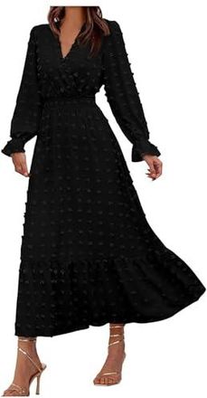 Generic Robes boh&egrave;me 2026 pour femmes, robe longue &agrave; manches longues et col en V, taille haute, coupe trap&egrave;ze, volants, Noir, XXL