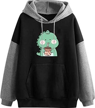 Generic Sweat &agrave; capuche &agrave; manches longues pour femme Motif dinosaure, Noir, XXL
