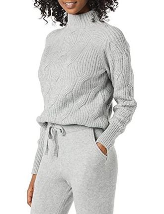 Amazon Essentials Pull torsadé Doux au Toucher à col cheminée pour Femme, Gris chiné, Taille L