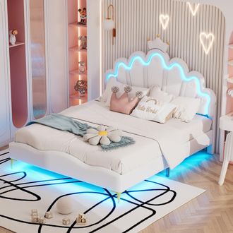 Myboo Kinderbett Doppelbett 140x200, Kronen-Prinzessinnenbett mit H&ouml;henverstellbarem LED Kopfteil und Lattenrost, Bett Polsterbett M&auml;dchenbett R&uuml;ckenlehne B