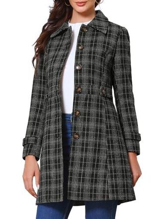 Allegra K Manteau DHiver Femme &agrave; Carreaux Caban &agrave; Simple Boutonnage Trench-Coat Mi-Longue &agrave; Col Rabattu Costume de No&euml;l Noir L