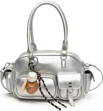 Generic Sac &agrave; bandouli&egrave;re r&eacute;tro pour femme avec plusieurs poches - En cuir souple - Sac &agrave; bandouli&egrave;re - Sac de loisirs, Argent (Silver), Mittelgro&szlig;e